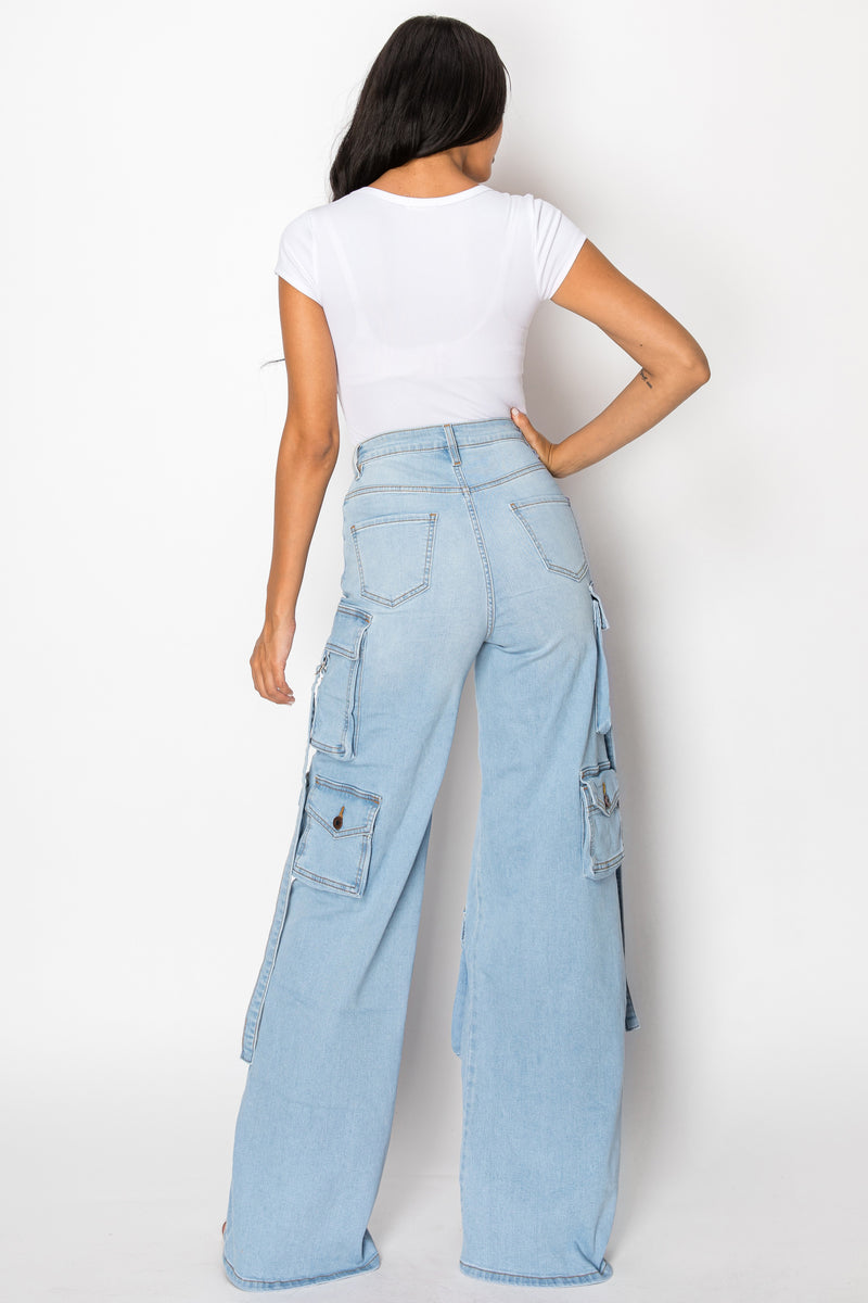 40777 High Rise Straight Leg Cargo Jeans W/ 3-D Pockets & Hanging Stra ...